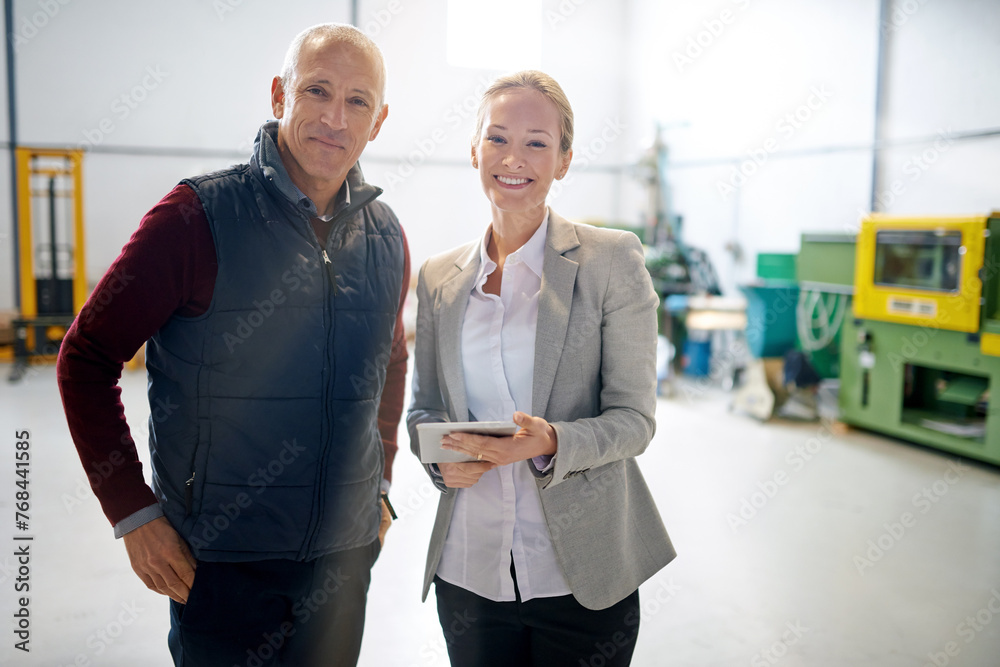 Portrait, warehouse or business people with tablet, review or service ...