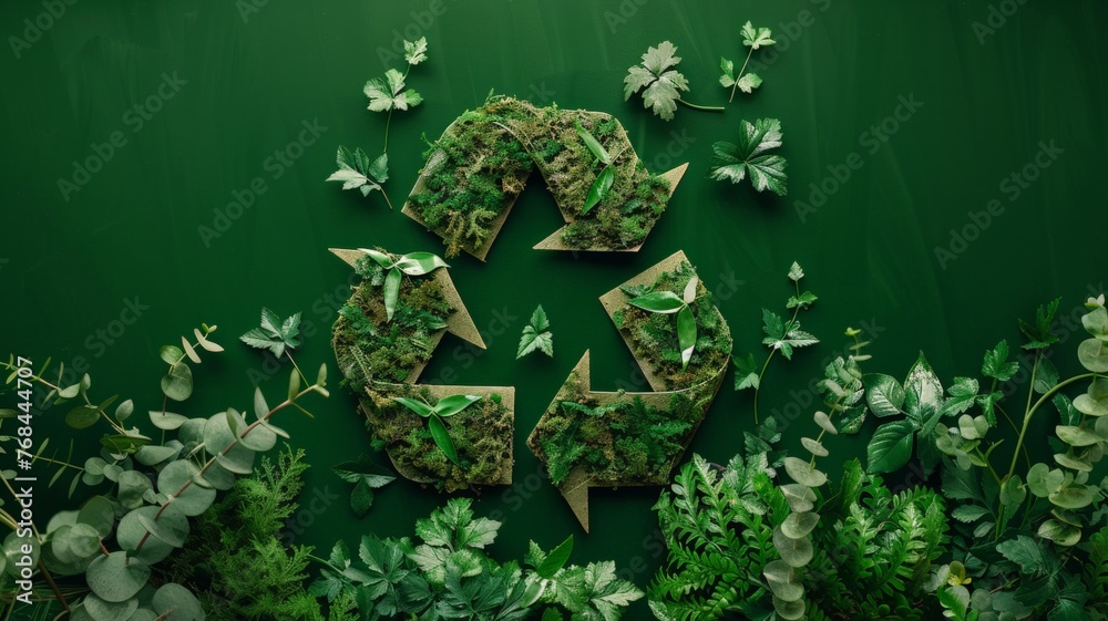 Recycle sign covered with green plants against green background.World ...