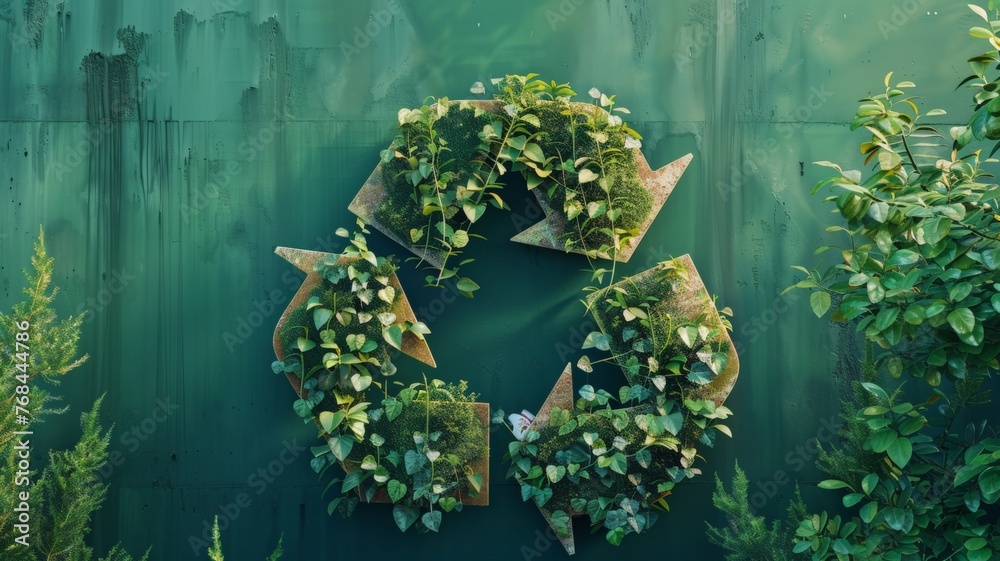 Recycle sign covered with green plants against green background.World ...