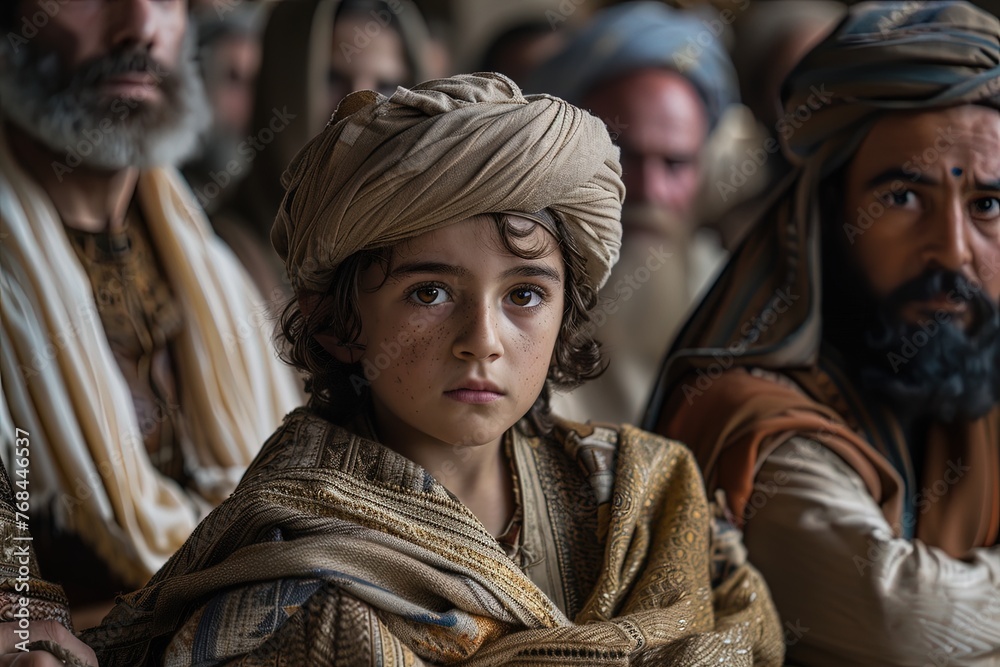 Jesus Christ as boy sitting with Jewish priests in a synagogue. Stock ...