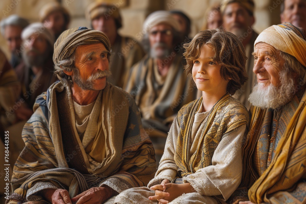 Jesus Christ as boy sitting with Jewish priests in a synagogue. Stock ...