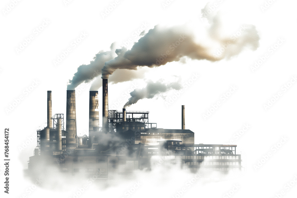 Factory with chimneys billowing in the air isolated on a transparent ...