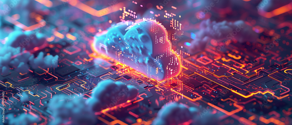 3d isometric render of cloud computing with glowing clouds and ...
