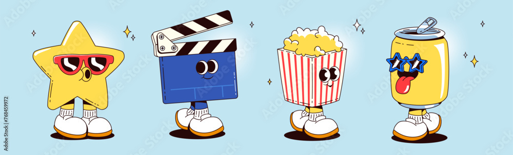 Movie and cinema cartoon character mascot set. Cute toon retro groovy ...