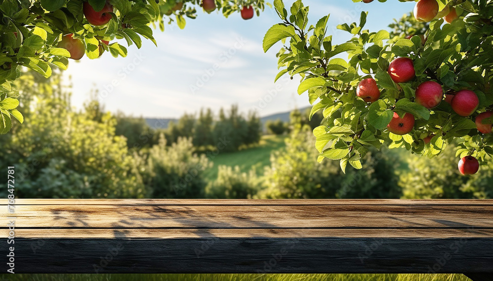 Apple orchard. Red apples on tree in garden near wood table with copy ...