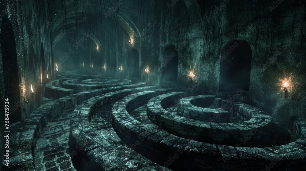 The stone pathways of ancient catacombs are dimly lit by torches ...
