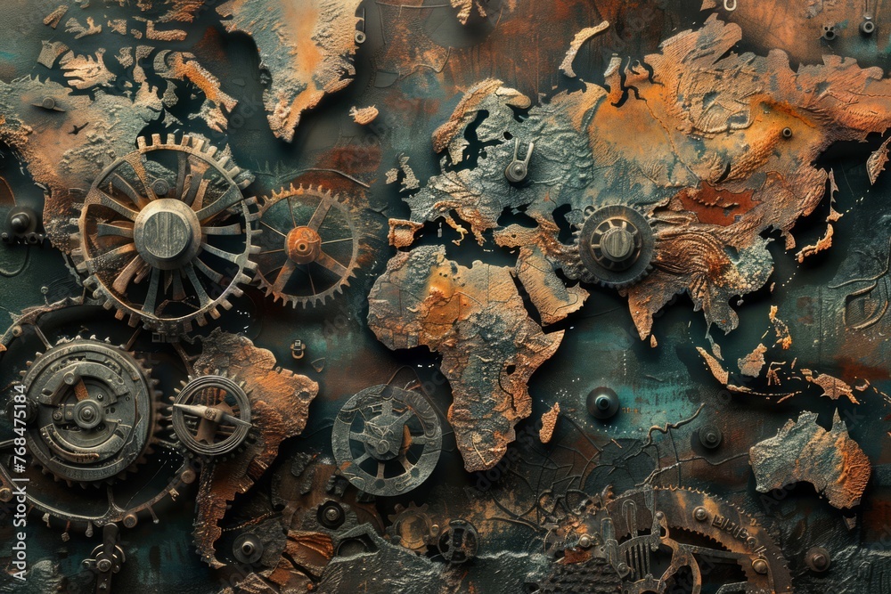Gears and machinery overtaking natural elements in the world map ...