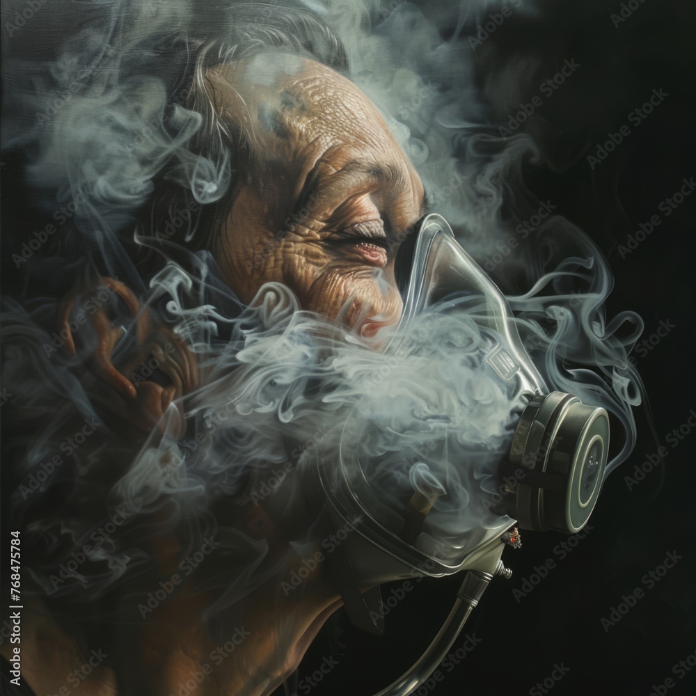 Oxygen mask delivering cigarette smoke, highlighting the irony of ...