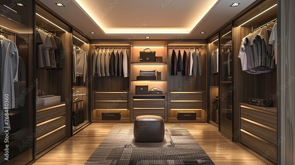 walk-in closet. Modern dark wooden walk in wardrobe with clothes hanging on rail, 3d walk in ...