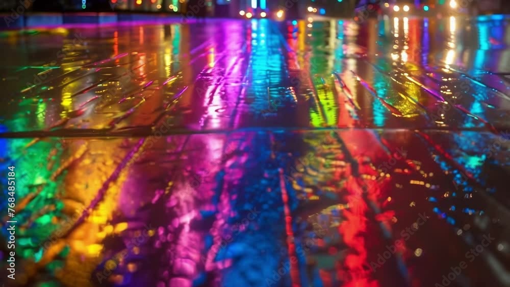 Vidéo Stock A city street glistens under the streetlights the rainbow ...