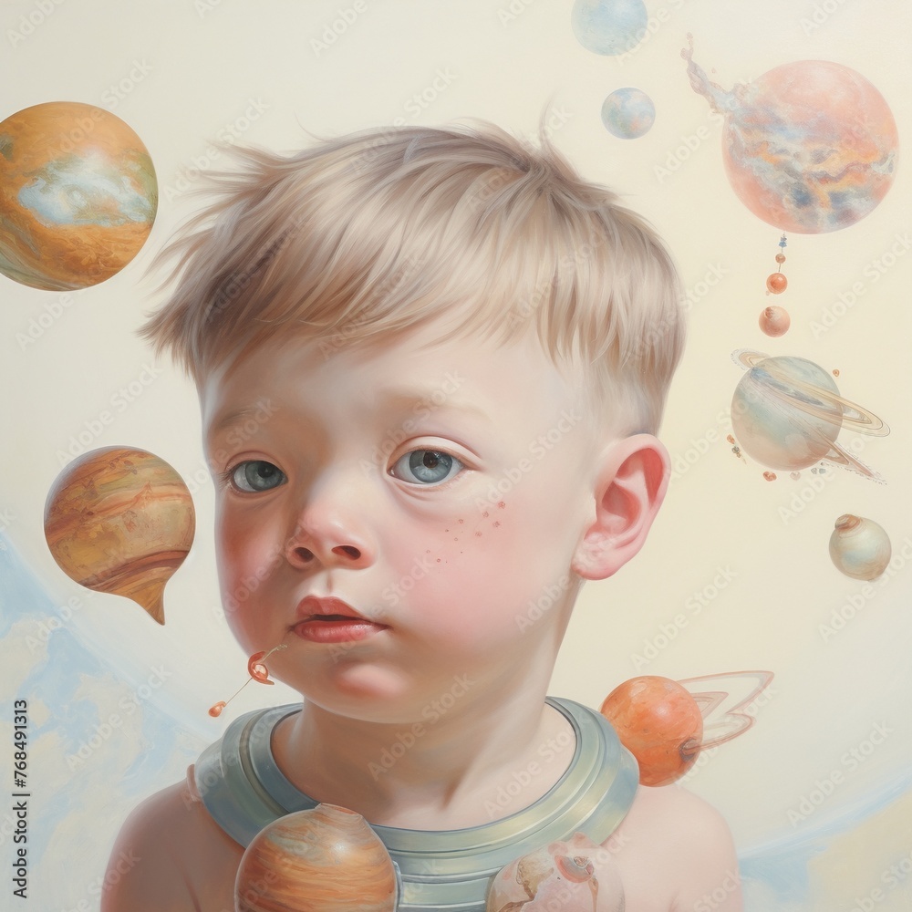 Boy with solar system model, planets in orbit, eye-level, painting ...