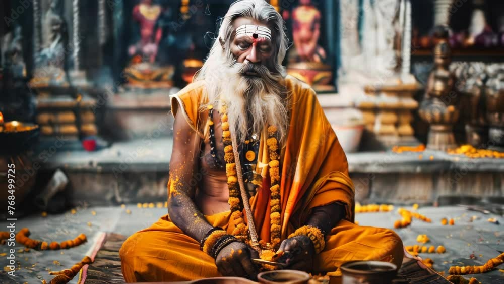A Hindu sage or rishi in traditional clothes, in a traditional temple ...