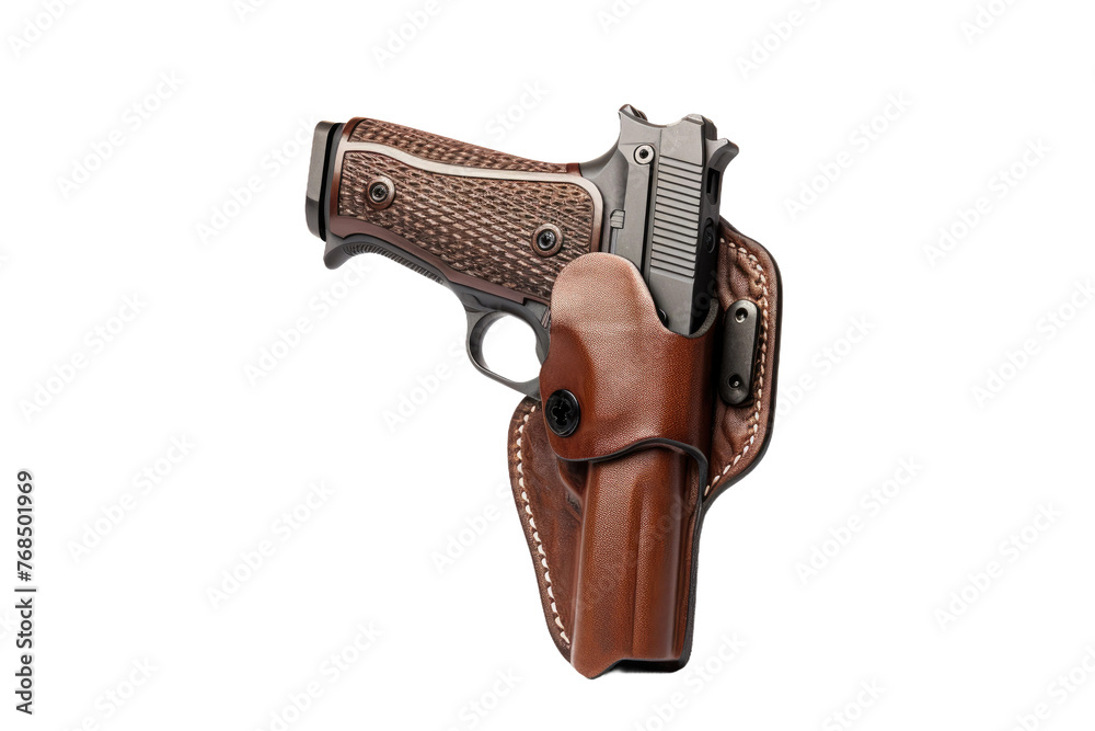 A leather holster securely holds a gun in place. The gun is visible at ...
