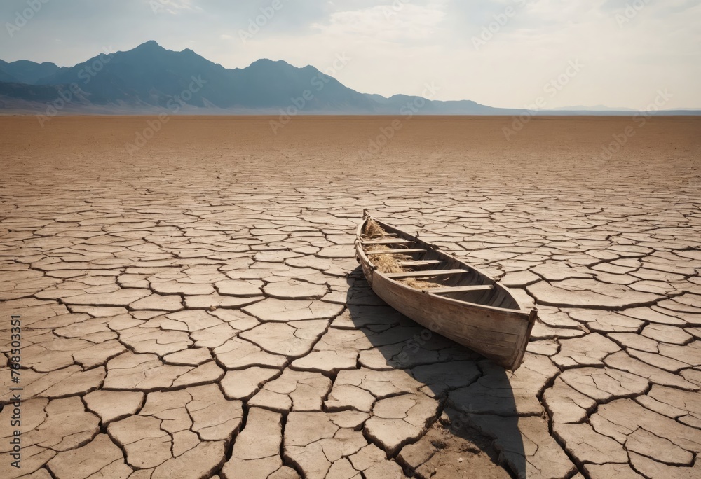 Dry cracked land without crops to horizon with boat. Dead soil and ...