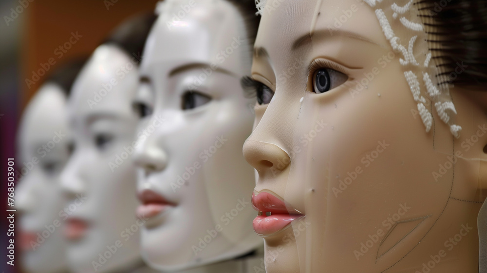 Female robot heads, masks. Realistic faces of robotic dolls. Asian ...