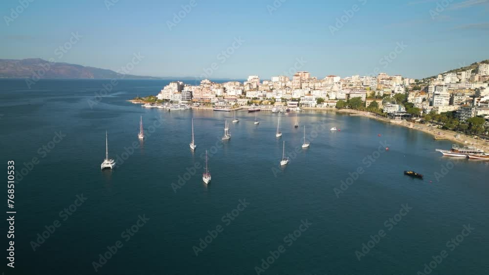 Cinematic Establishing Shot of Boats Anchored in Saranda Bay, Albania ...