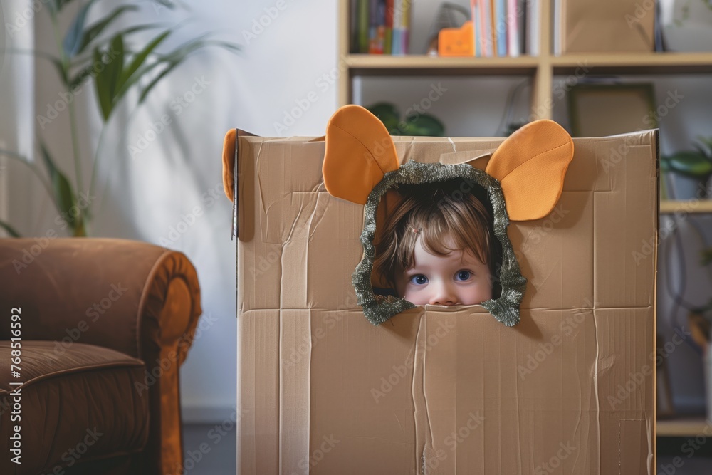 child hiding in a box with animal ears attached, mimicking a pet house ...