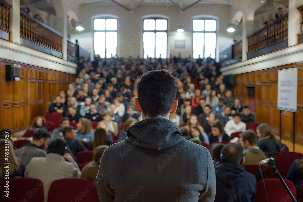 Scientific conference with audience listening to male speaker in ...