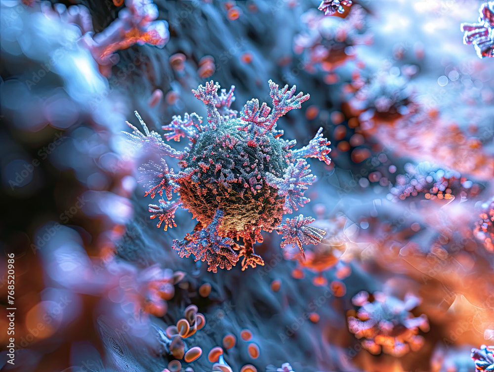 Illustration of the Rhinovirus, commonly known as the common cold virus, in the nasal cavity ...