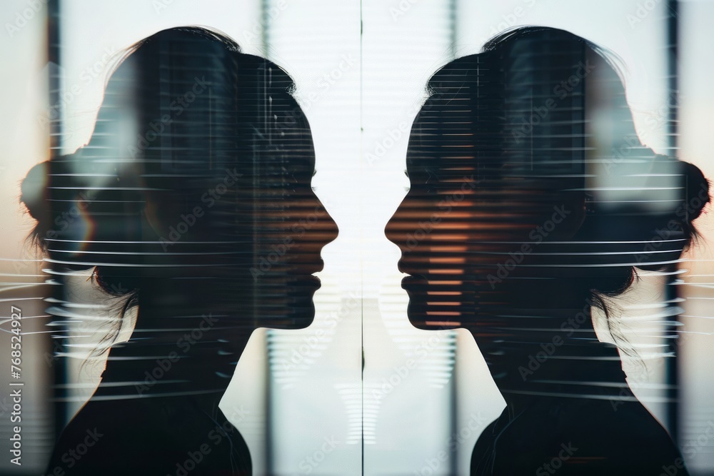 Dialogue of Self-Awareness. Two mirror images of a person standing face ...
