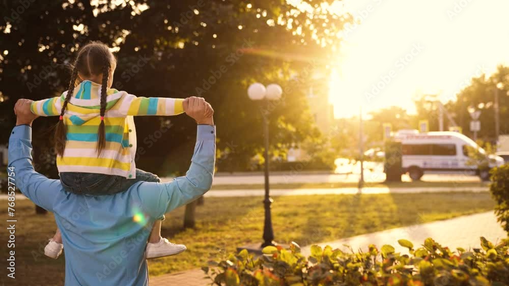 outdoors, child walking sunset park, girl child dad, child walking with ...