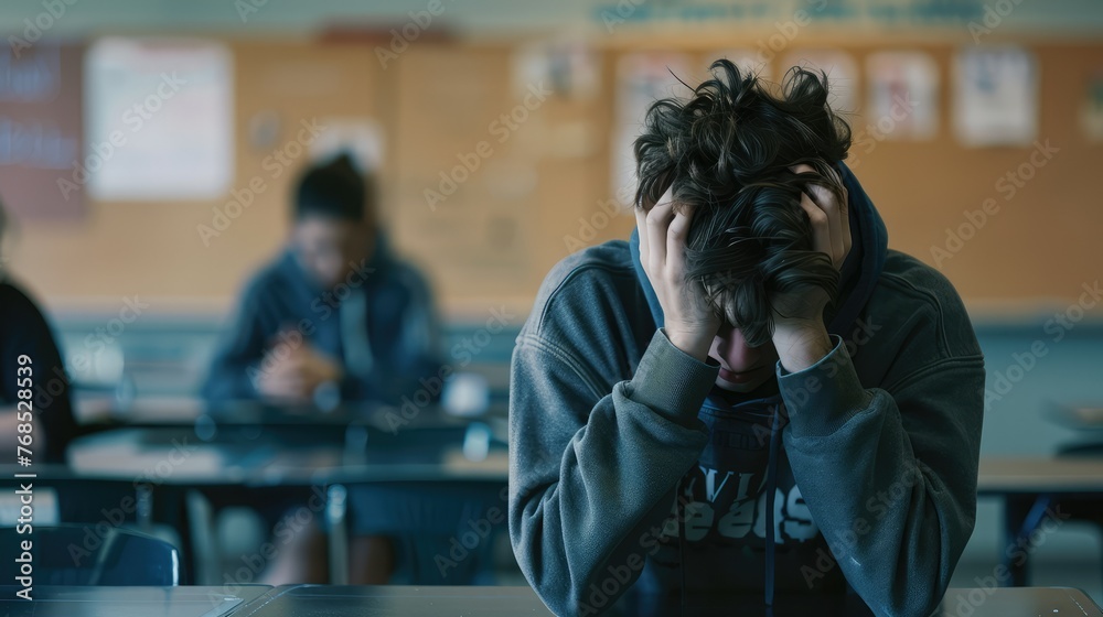 Male student covering his face and crying in class suffering from ...