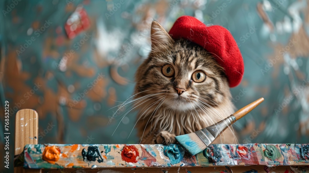 Artist Cat in a Studio: Visualize a cat with a beret and a paintbrush ...