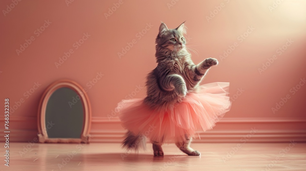 Ballet Dancer Cat in Rehearsal: A cat in a tutu, standing on its hind ...
