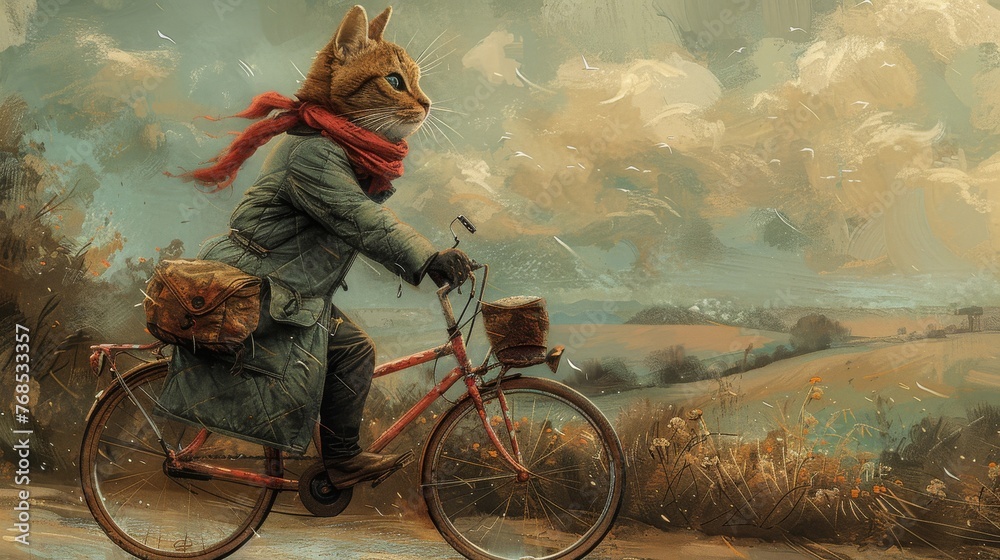 Cyclist Cat on a Country Road: cat in cycling gear, riding a bike on a ...