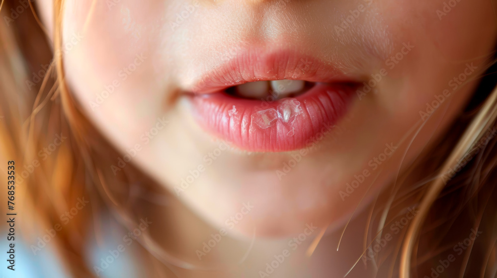 Close-up of the child's lips, ulcers and wounds on the tongue, oral ...