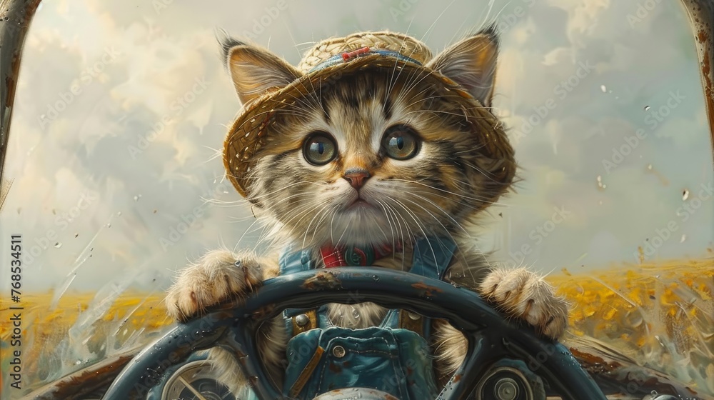 Farmer Cat in the Fields: Envision a cat wearing overalls and a straw ...