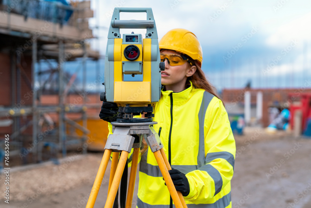 Female site engineer surveyor working with theodolite total station EDM ...