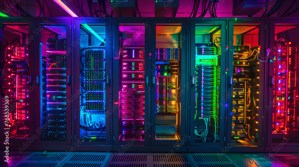 Modern data center racks lined up. Artificial intelligence, server room ...