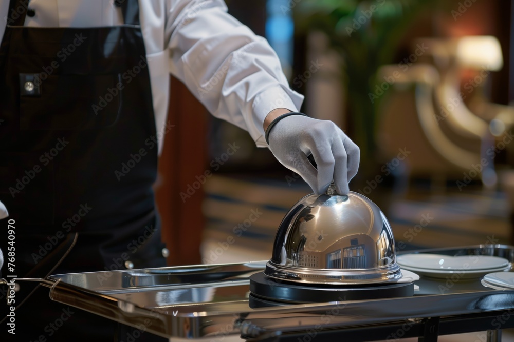 waiter wearing gloves placing a silver cloche on a room service cart ...