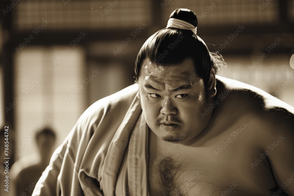 sumo wrestler with hair tied in traditional style, stepping into the ...