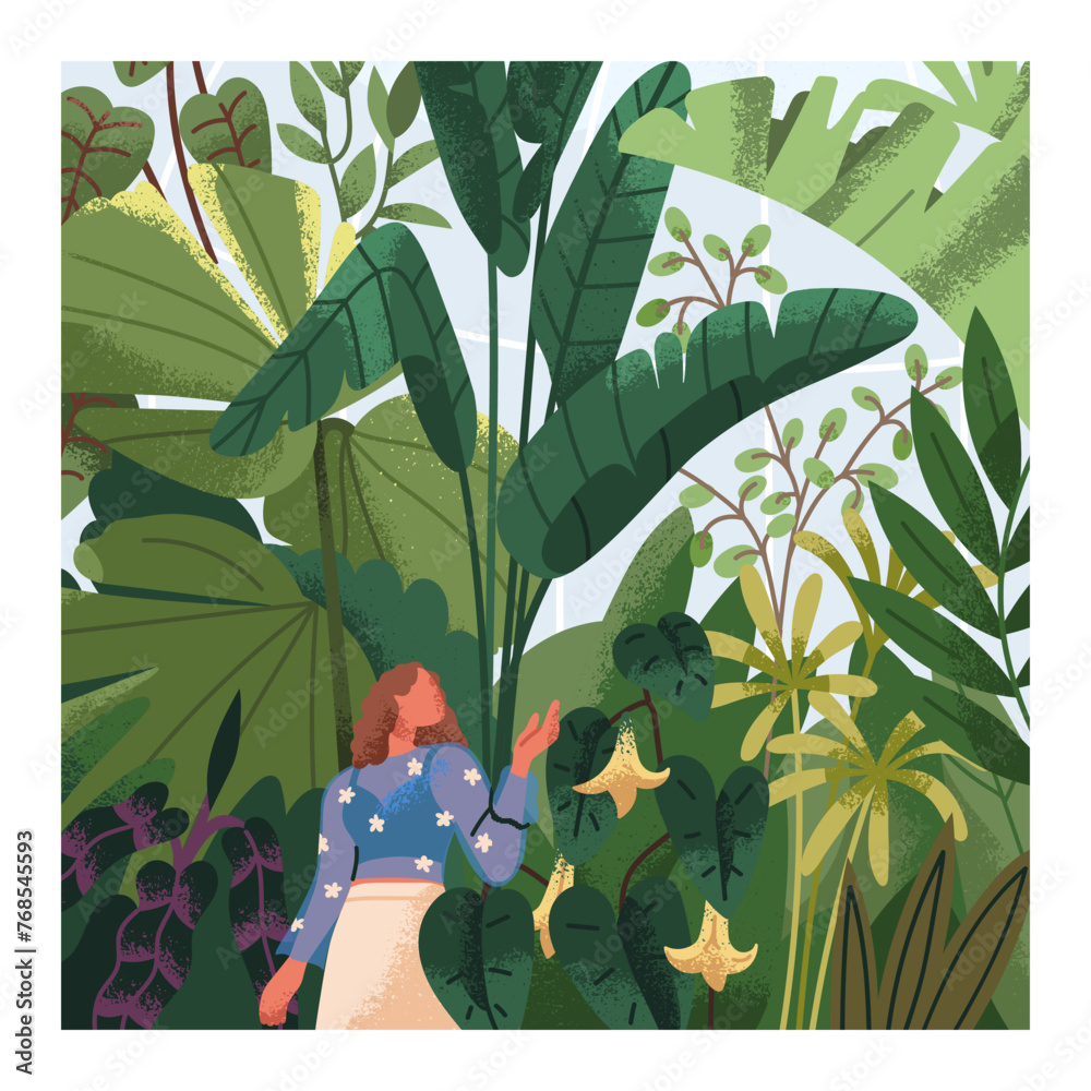 Vecteur Stock Woman walking among leaf plants in botanical garden, park ...