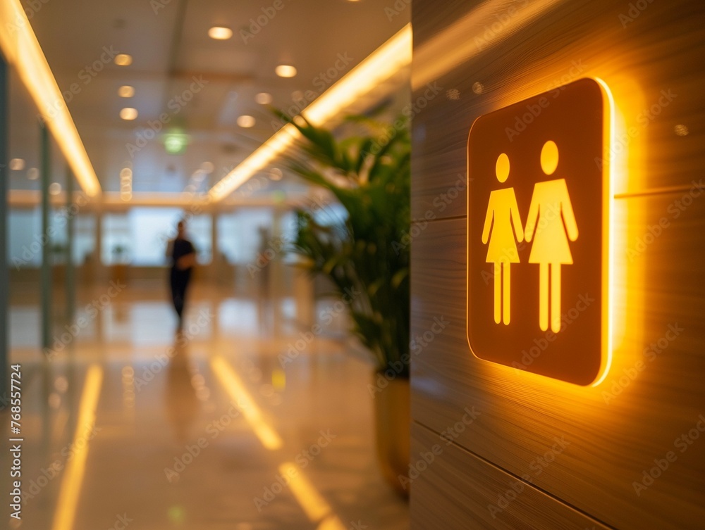 Zoomedin image of a genderneutral restroom sign in a modern office ...