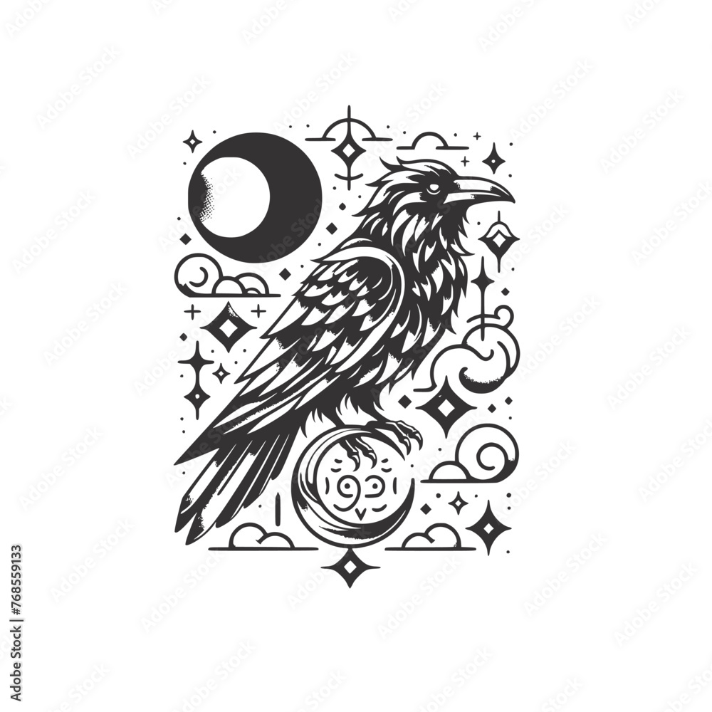 Mystical Raven with Crescent Moon and Esoteric Symbols Vector ...