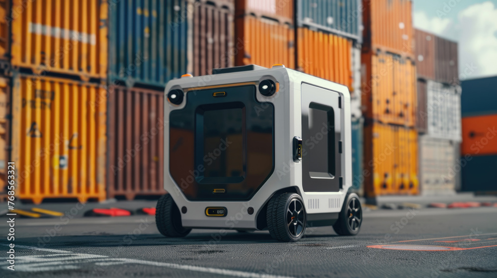 An autonomous robotic vehicle designed for package delivery moving ...