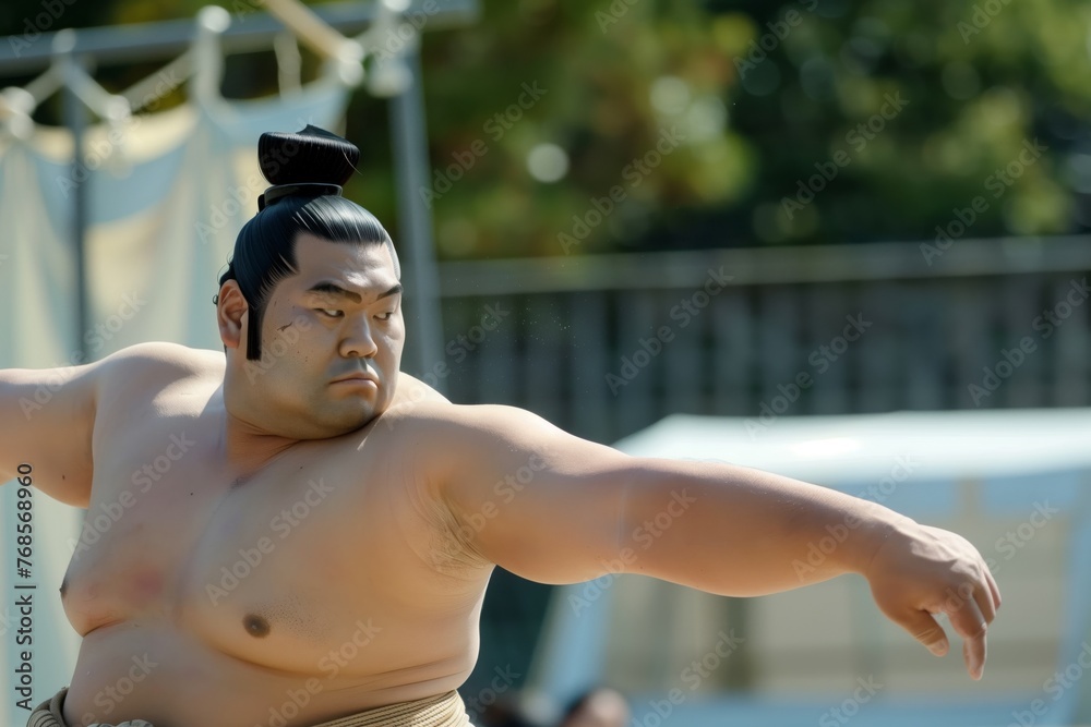 sumo wrestler in full attire and topknot, stretching before a ...