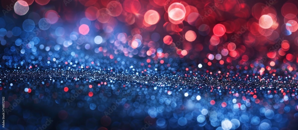 Abstract red white and blue sparkling lights bokeh on dark background ...