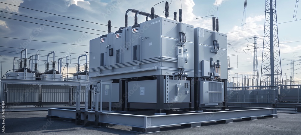 Substation with close-up on switchgear and a transmission tower ...