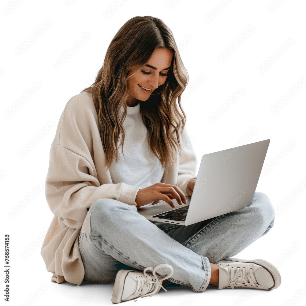 35 year old woman, sitting on the floor, using MacBook, silver laptop ...