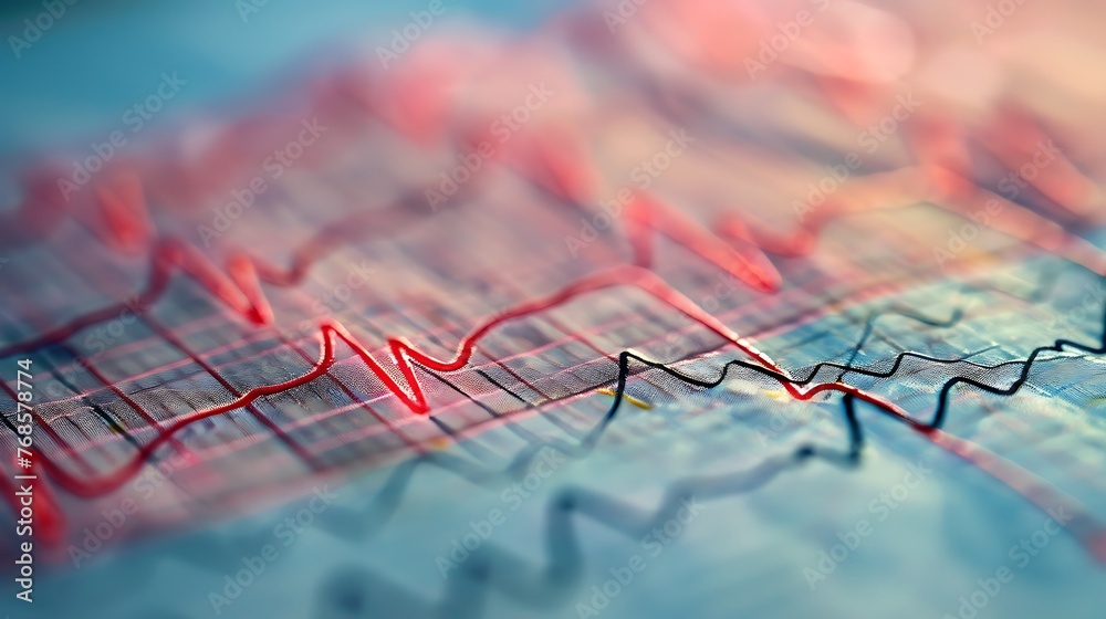 Detailed shot of an EKG machine screen displaying a heart rhythm ...
