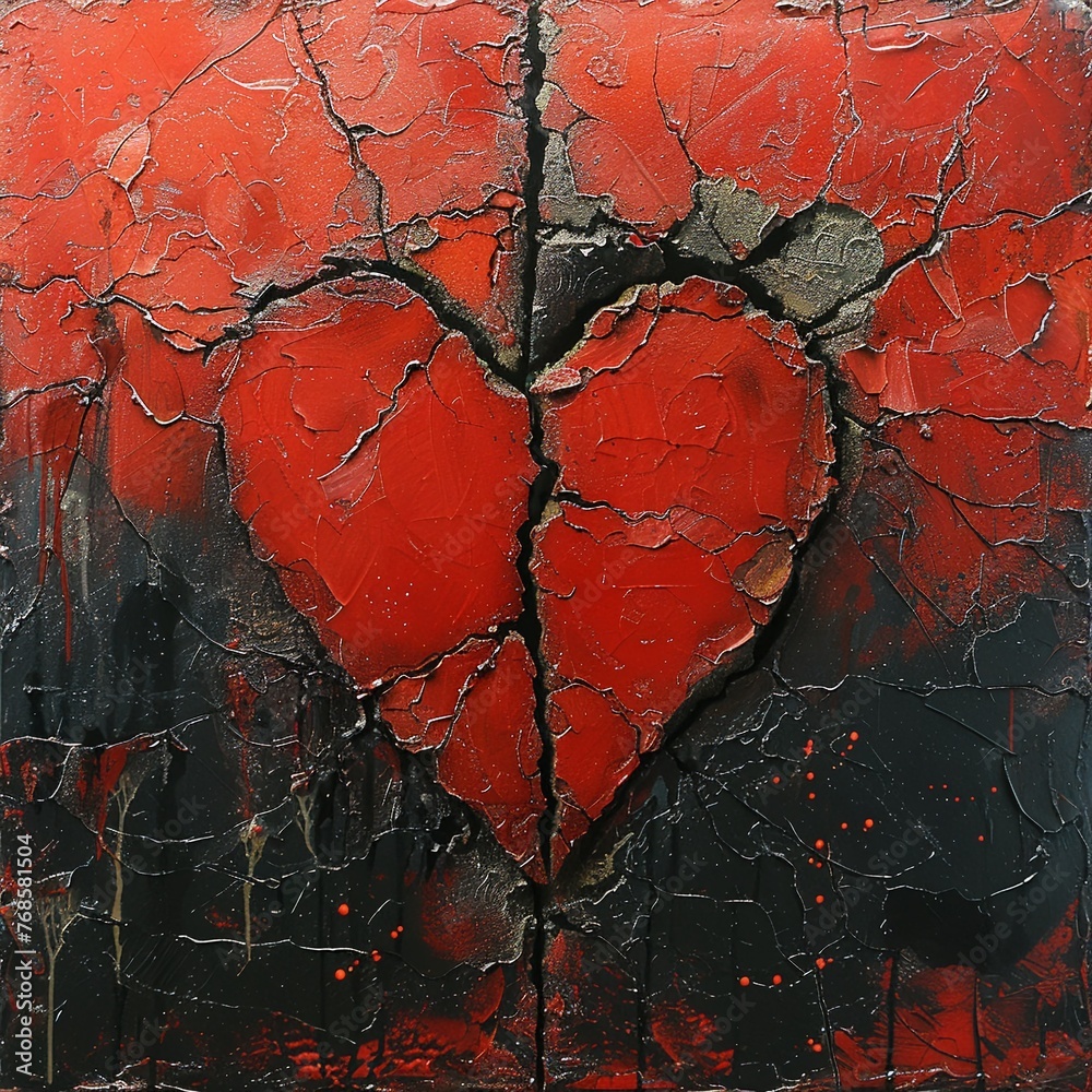 A broken cracked heart in black and red symbolizes the pain and sadness of a lost love Stock ...