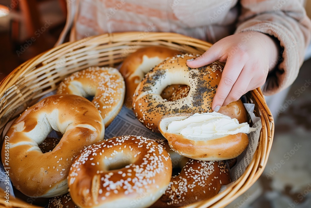 fresh bagels in basket, person with cream cheese, morning sun streaks ...