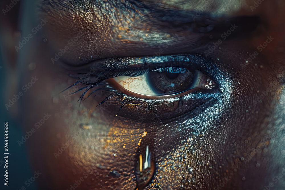 a black woman's eye shedding tears, sadness and conveying concepts ...