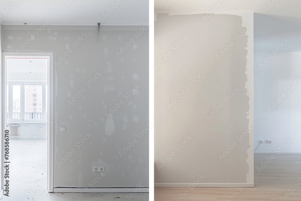 side by side comparison of painted and unpainted walls Stock Photo ...