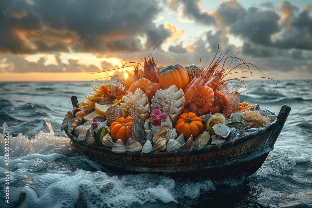 "Boat filled with an abundant seafood harvest on the ocean at dawn ...