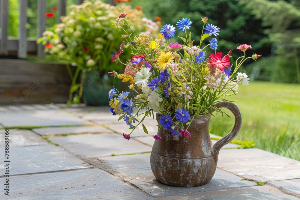 cluster of plastic wildflowers in a rustic plastic jug on a patio Stock ...